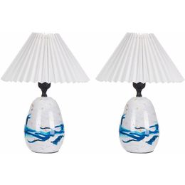 Beliani Tischlampe 2er Set Weiß und Blau Keramik Vasenform 35 cm Stoffschirm Kegelform Langes Kabel mit Schalter Modern Schlaf- u. Wohnzimmer Beleuchtung