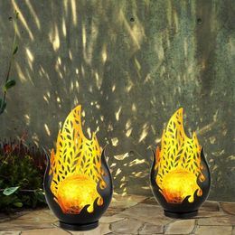 Globo Gartendeko Solarlampen für Außen Outdoor Balkon Deko schwarz gold Flammenoptik Glaskugel, IP44 Akku Metall, 1x led, LxBxH 16,5x12,5x26,5 cm, 2er Set