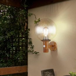 Globo Außenleuchte Wandleuchte mit Bewegungsmelder Gartenleuchte Edelstahl Fassadenleuchte, Glaskugel klar Holzoptik, 1x E27, DxH 25x37 cm