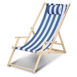 VINGO - Liegestuhl Chair Liege Klappbar Holz mit Armauflagen Campingstuhl klappliege Blau weiß Mit Handläufen - Blau