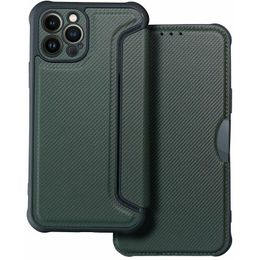 Handy Tasche Razor Buchtasche Hülle Magnet Carbon-Cover Kameraschutz kompatibel mit iPhone 12 Grün - Schwarz