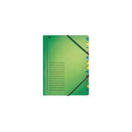 Leitz - Ordnungsmappe din A4 350g/m² Pendareckarton recycelt Farbe: grün Farbe des Fächerblocks: mehrfarbig 12 Fächer