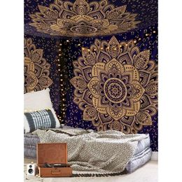 Wandteppich, Ombred, Hippie-Wandteppich, mit Psychedelic. Kompliziertes Mandala/Boho-Muster Indische Tagesdecke, 150x130cm Blau-Gold. - Minkurow