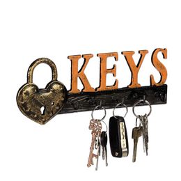 Schlüsselbrett, 5 Haken, Vorhängeschloss & Keys-Schriftzug, Gusseisen, Vintage, hbt 10x26x3 cm, orange/schwarz - Relaxdays