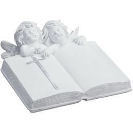 Grabengel mit Buch, Kunststein, wetter-, frost- & UV-beständig, h x b x t: 10 x 20 x 20 cm, Grabschmuck, weiß - Relaxdays