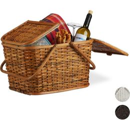 Picknickkorb mit Deckel, geflochten, Stoffbezug, Henkel, großer Tragekorb, handgefertigt, Rattan, Honigbraun - Relaxdays