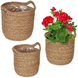 Relaxdays - Seegras Blumentopf 3er Set, Griffe, für Blumen & Kräuter, Pflanzenkorb mit Folie, 3 Größen, Pflanzkübel, natur