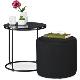Beistelltisch mit Hocker, runder Couchtisch mit Sitzhocker, platzsparend, Glas & Metall, 40 x 40 cm, schwarz - Relaxdays
