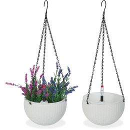 Blumenampel mit Wasserspeicher, 2er Set, Wasseranzeige, Flechtoptik, HxD: 54x18,5 cm, Blumentopf hängend, weiß - Relaxdays