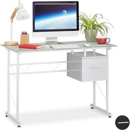 Schreibtisch, moderner Bürotisch mit Glasplatte, Seitenschublade, Jugendzimmer, hbt: 75 x 110 x 55 cm, weiß - Relaxdays