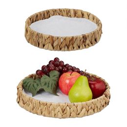 Obstschalen im 2er Set, Dekokörbe für Obst, Brot uvm., aus Wasserhyazinthe, Tischdeko im Boho-Stil, natur - Relaxdays