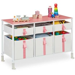 Kommode, Kinder, 6 Stoffschubladen, HxBxT: 61,5 x 100 x 40,5 cm, Schubladenschrank, Metallgestell, weiß/rosa - Relaxdays