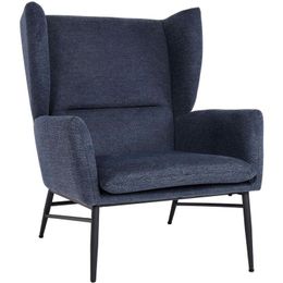 Lounge-Sessel HHG 256, Ohrensessel Cocktailsessel Sessel Polstersessel, Stoff/Textil Metall blau - blue
