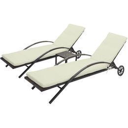 2er-Set Sonnenliege HHG 284, Relaxliege Gartenliege, Poly-Rattan braun, Kissen creme-beige - black