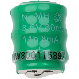 vhbw Knopfzellen Akku Typ V80H (NiMH, 80mAh, 3.6V) - Säule mit 3 Zellen, 2 Pins Printanschluss, wiederaufladbar