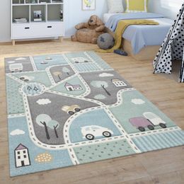 Paco Home - Kinder-Teppich, Spiel-Teppich Für Kinderzimmer, Mit Straßen-Motiv, Grün Blau 120x170 cm