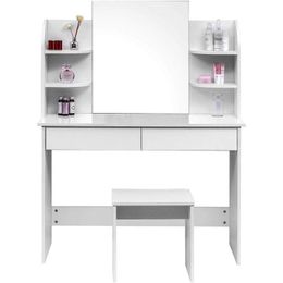 Schminktisch Kosmetiktisch mit Hocker und Spiegel, Hochglanz Tischplatte, 108x40x143cm, Frisierkommode Schminkspiegel, Weiß - weiß - WOLTU