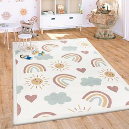 Teppich Kinderzimmer Spielmatte Waschbar Rutschfest Regenbogen Planet Tiere Soft 200x280 cm, Bunt 2 - Paco Home
