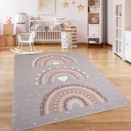 Paco Home Teppich Kinderzimmer Kinderteppich Kurzflor Rutschfest Herzen Sonne Regenbogen 140x200 cm, Grau-Beige