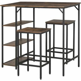 HOMCOM - Bartisch-Set Stehtisch mit 2 Barhockern 3-teiliges Tischset Küchentresen mit Regale Spanplatte Stahl Rustikales Braun+Schwarz 109 x 60 x 100