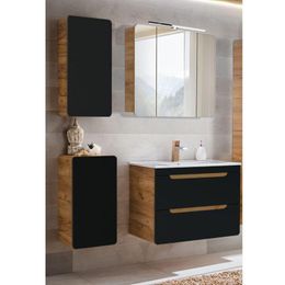 Lomadox - Badezimmer Set in seidenmatt anthrazit mit Wotan Eiche Nb. new-luton mit 81 cm Keramik-Waschtisch & LED-Spiegelschrank, b/h/t ca.