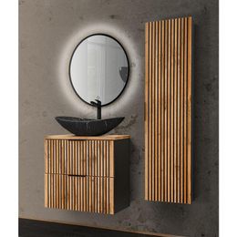 Lomadox Badezimmer Set Unterschrank 60 cm, Hochschrank, Spiegel XANTEN-56 in anthrazit mit Eiche Nb. Rillen schwarz, b/h/t: 112/200/46,5 cm - braun