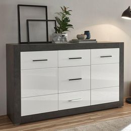 Lomadox Sideboard Anrichte mit 3 Schubkästen ETON-61 Hochglanz weiß mit Betonoptik dunkel b/h/t: 164/97/42cm - weiß