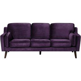 Beliani - Sofa Violett Samtstoff 3-Sitzer Retro Minimalistisch Wohnzimmer - Dunkler Holzfarbton