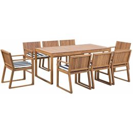 Beliani Gartenmöbel Set 8-Sitzer Hellbraun Akazienholz Tisch mit Stühlen und Sitzkissen Marineblau Terrasse Gartenausstattung - Weiß