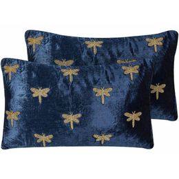 Beliani Set aus 2 dekorativen Kissen Marineblauer Samt 30 x 50 cm Tiermuster Libellenmotiv Modern Glamour Wohnzimmer Schlafzimmer Kissen - Blau