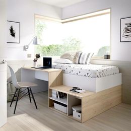 Dmora - Kinderbett Dbagnat, Einzelbett für Schlafzimmer, Set mit Schreibtisch und Regalen, 134 x 195 x 73 cm, Weiß und Eiche