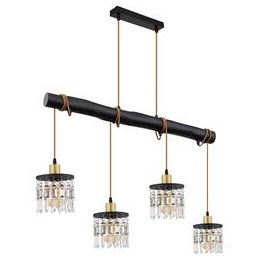 Pendelleuchte Hängelampe Holzleuchte Hängeleuchte Wohnzimmerleuchte Kristalllampe, Metall Holz schwarz messing, 4 flammig höhenverstellbar E27, H 150 cm