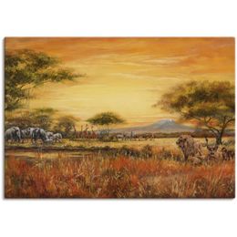 Wandbild Artland "Afrikanische Steppe mit Löwen" Bilder Gr. B/H: 100 cm x 70 cm, Leinwandbild Afrika, 1 St., braun Kunstdrucke