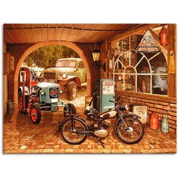 Wandbild Artland "Werkstatt mit Traktor und Motorrad" Bilder Gr. B/H: 80 cm x 60 cm, Leinwandbild Traktoren, 1 St., braun Kunstdrucke