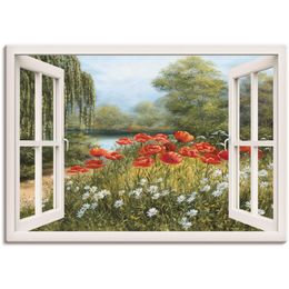 Wandbild Artland "Fensterblick Mohnwiese" Bilder Gr. B/H: 100 cm x 70 cm, Leinwandbild Fensterblick, 1 St., grün Kunstdrucke