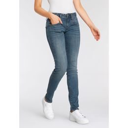Slim-fit-Jeans Herrlicher "GINA SLIM POWERSTRETCH" Gr. 26, Länge 32, blau (medium 055) Damen Jeans Röhrenjeans