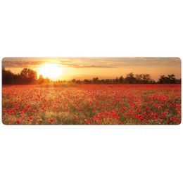 Glasbild Wall-Art "Mohnfeld im Sonnenuntergang Panorama" Bilder Gr. B/H: 100 cm x 40 cm, Gebäude Panorama, rot (rot orange) Glasbilder