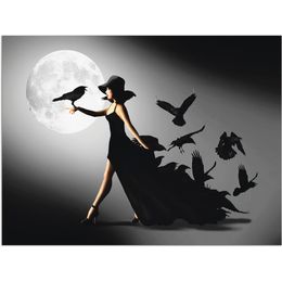 Wandbild Artland "Die Frau mit den Raben" Bilder Gr. B/H: 80 cm x 60 cm, Alu-Dibond-Druck Animal Fantasy, 1 St., schwarz Kunstdrucke