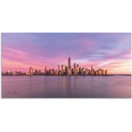Wandbild Artland "Manhattan Skyline" Bilder Gr. B/H: 100 cm x 50 cm, Alu-Dibond-Druck New York Querformat, 1 St., pink Kunstdrucke
