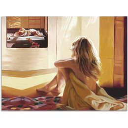 Wandbild Artland "Blondes Mädchen sitzt auf dem Bett" Bilder Gr. B/H: 80 cm x 60 cm, Alu-Dibond-Druck Bilder von Frauen Querformat, 1 St., braun Kunstdrucke