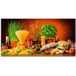 Glasbild Artland "Mediterranes und italienisches Essen" Bilder Gr. B/H: 100 cm x 50 cm, Lebensmittel, 1 St., bunt Glasbilder