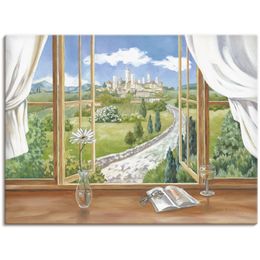 Wandbild Artland "Fenster zur Toskana" Bilder Gr. B/H: 120 cm x 90 cm, Leinwandbild Fensterblick, 1 St., grün Kunstdrucke