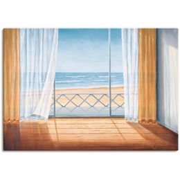 Wandbild Artland "Terrasse mit Meerblick" Bilder Gr. B/H: 100 cm x 70 cm, Leinwandbild Fensterblick, 1 St., blau Kunstdrucke