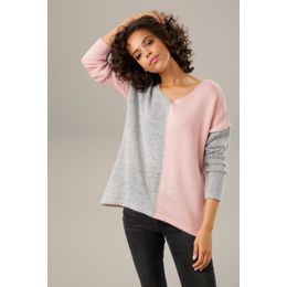 Strickpullover Aniston CASUAL Gr. 44/46, rosa (hellgraumeliert, rosa) Damen Pullover V-Pullover