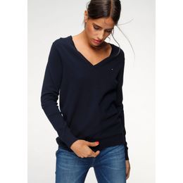 V-Ausschnitt-Pullover Tommy Hilfiger "HERITAGE V-NECK SWEATER" Gr. XXS (32), blau (midnight) Damen Pullover Feinstrickpullover