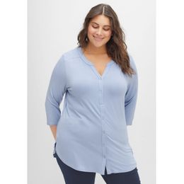 Blusenshirt sheego "Große Größen" Gr. 50, blau (mittelblau) Damen Shirts V-Shirts