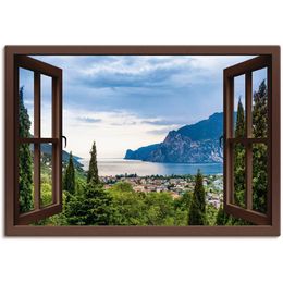 Wandbild Artland "Gardasee durchs braune Fenster" Bilder Gr. B/H: 130 cm x 90 cm, Leinwandbild Seebilder Querformat, 1 St., grün Kunstdrucke
