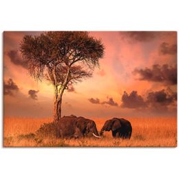 Wandbild Artland "Elefanten zum Abendessen" Bilder Gr. B/H: 90 cm x 60 cm, Leinwandbild Wildtiere, 1 St., orange Kunstdrucke