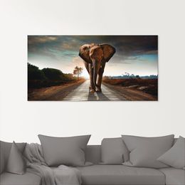 Glasbild Artland "Ein Elefant läuft auf der Straße" Bilder Gr. B/H: 100 cm x 50 cm, Wildtiere, 1 St., braun Glasbilder