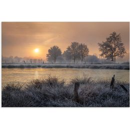 Wandbild Artland "Ein Wintertag beginnt" Bilder Gr. B/H: 90 cm x 60 cm, Alu-Dibond-Druck Bilder vom Sonnenuntergang & -aufgang Querformat, 1 St., orange Kunstdrucke